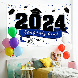 LASKYER 2024 Congrats Grad Graduation Party Decorations - Class of 2024 Large Hanging Photoprop Backdrop Banner,2024 Gard Sign Decorations - Blue.