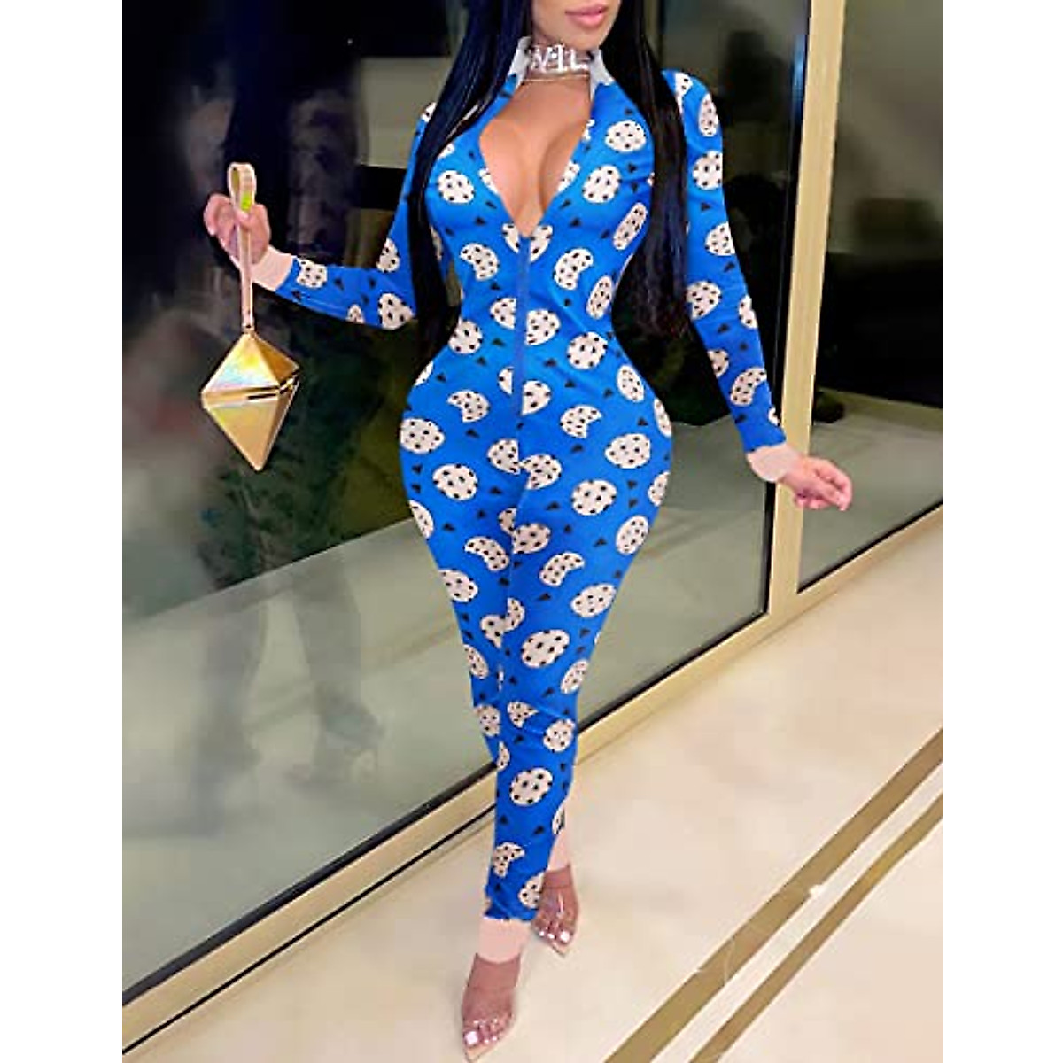 Ekouaer Christmas Onesie Women Sexy Pajamas Zipper Halloween One Piece Bodycon Outfit Jumpsuit Costume Biscuit Print S