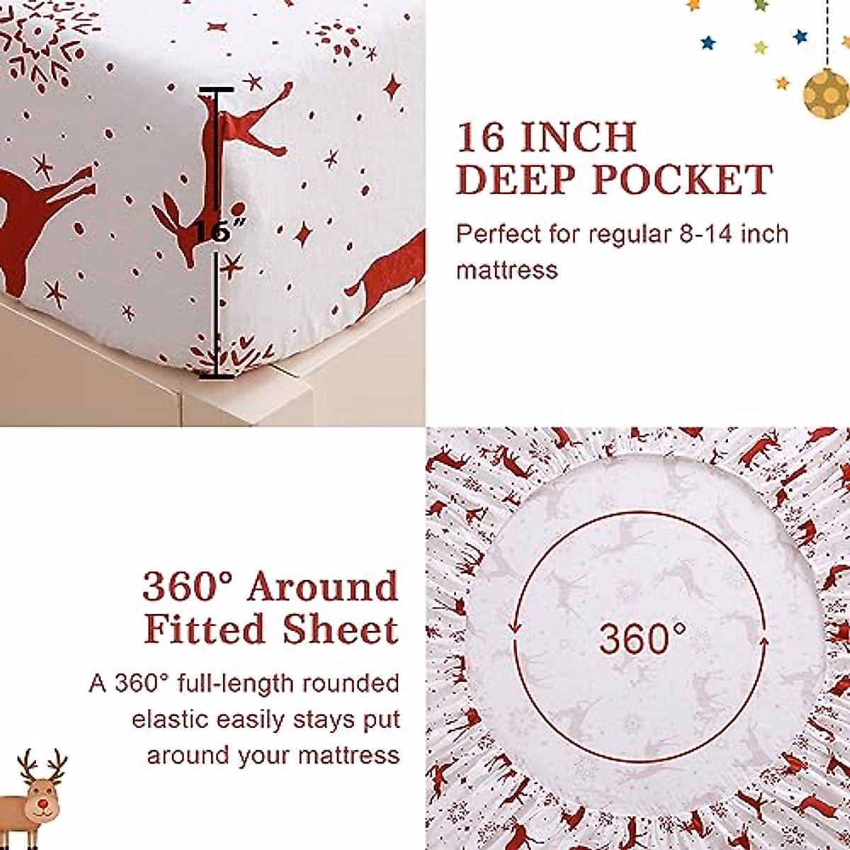 STARBEDIA Christmas Flannel Sheets Twin, 100% Cotton Holiday Bed Sheet Set, Deep Pocket Fitted Sheet, Soft Warm Brushed Christmas Sheet (Twin Size, Red Christmas Deer)