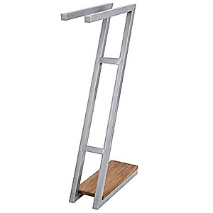 MyGift 2-Feet Tall Modern Z-Shaped Silver Tone Metal Dual Bar Towel Rack with Rustic Burnt Solid Wood Base, Free Standing Bathroom Laundry Room Holder Stand