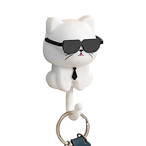 LAFANDE Cute Cat Key Hook, 2 Cartoon Cat in Sunglasses Creative Gra-vity Hook, Adhesive Coat Hooks Key Holder for Wall Decorative, Pet Wall Hooks for Hanging Key, Bag, Hat, Towel