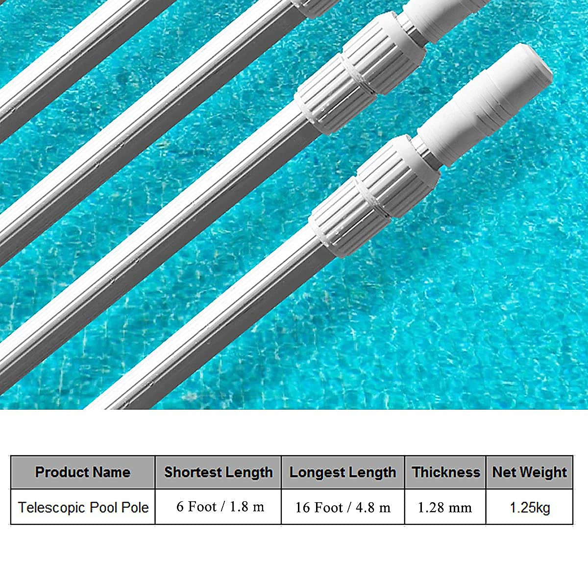 Upgraded Professional 16 Foot Swimming Pool Pole Telescopic Aluminum, 1.28mm Thicken Fits Pool Net Skimmer Rake Vacuum Head Brush Cleaning Heavy Duty, Adjustable 3 Section from 6 to 16ft Extension