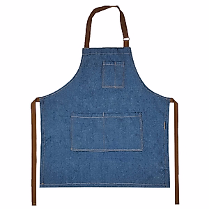 WOWSEA Denim Aprons - Lightweight, Ultra-thin portable Apron for Work, Play, Cooking Multifunctional Aprons, Adjustable Shoulder Strap Lengths for Petite Ladies or Teenagers (Blue)