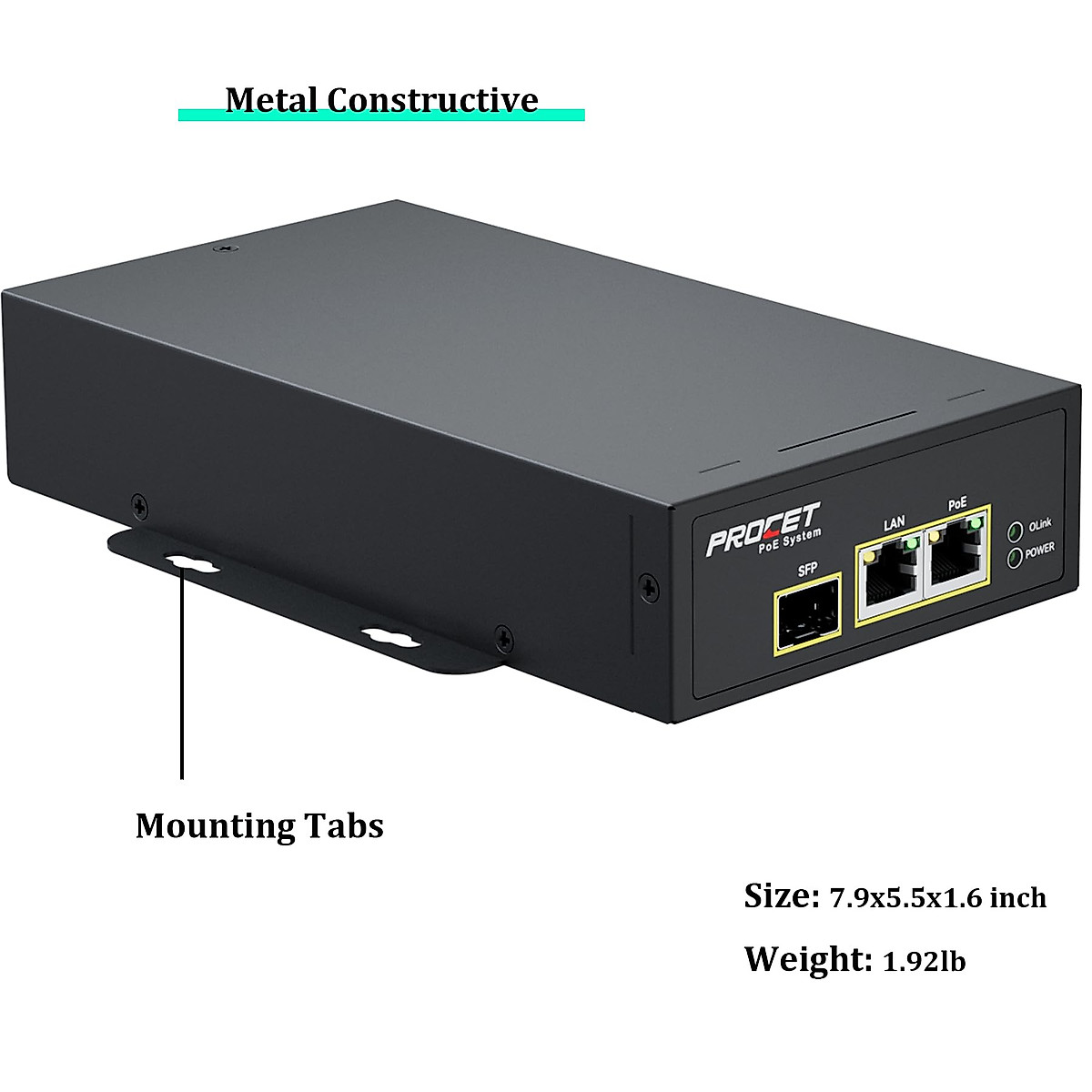 PROCET 60W SFP Fiber PoE Injector Gigabit SFP/ Uplink PoE Power Supply, LAN Multi-Options, IEEE802.3at/bt PoE++, PoE 6KV Surge Protection, Wide Temp -40℉ to 149℉, PT-PSE107GRO-S