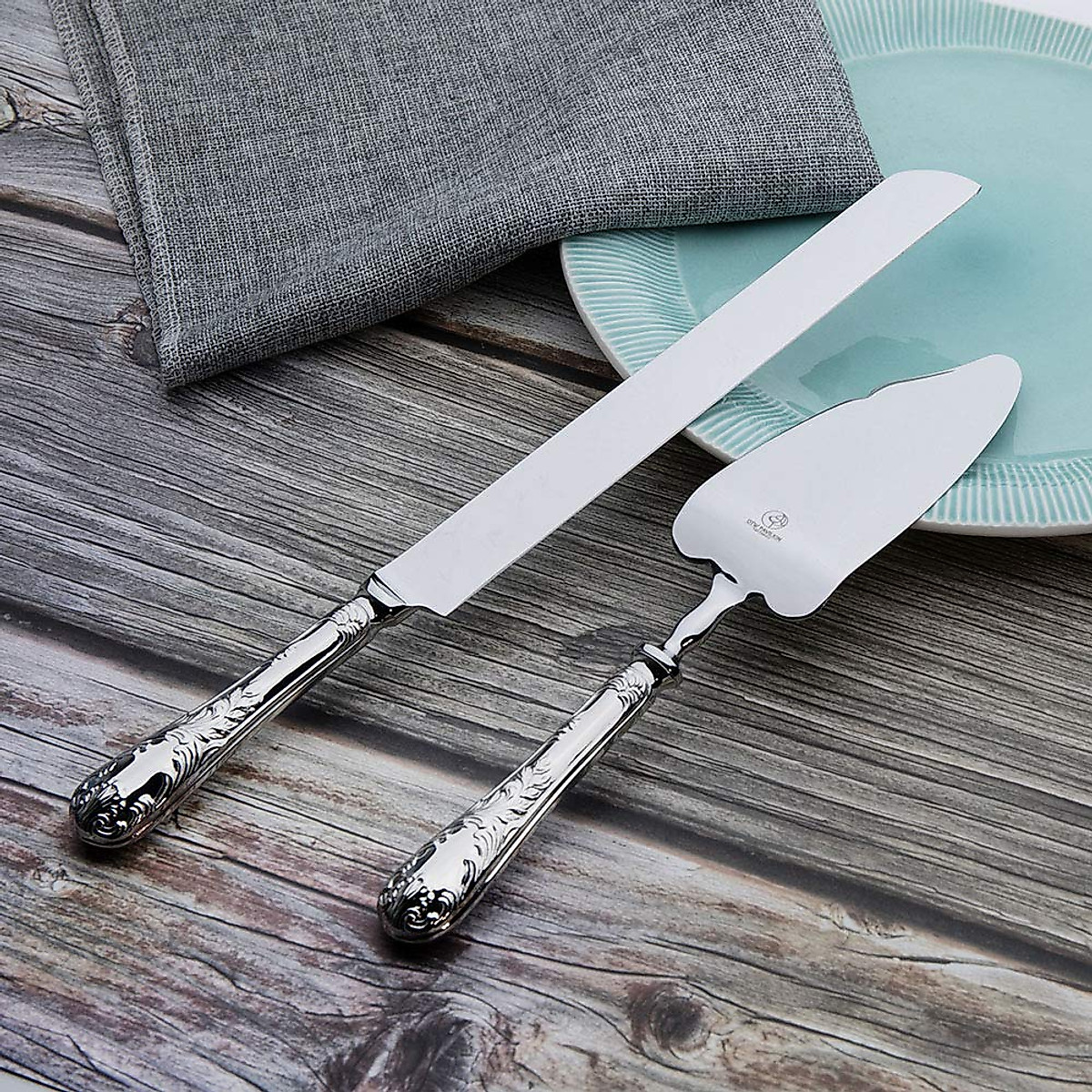 OTW PAVILION 2 Piece Wedding Cake Server Set,18/10 Stainless Steel Dessert Set Pie Server Cake Cutter Knife for Birthday,Anniversary,Holiday,Baby Shower,Party (Versailles, Stainless steel-V)