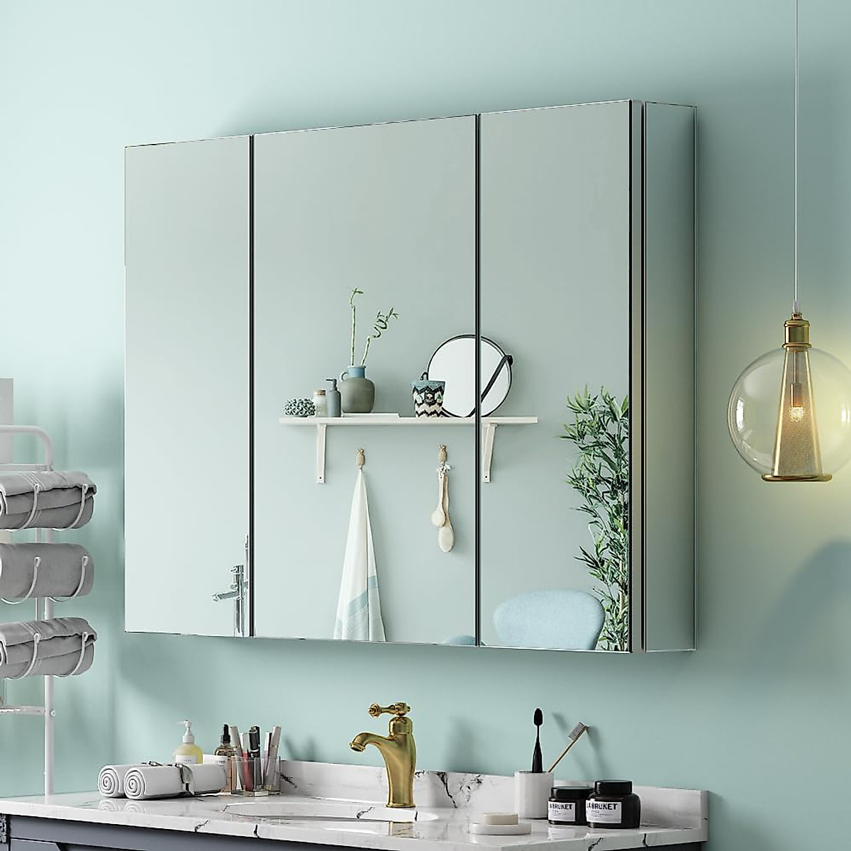 Quavikey Aluminum Medicine Cabinet with 3 Doors Recessed or Surface Mount Large Bathroom Mirror Cabinets 36x26 Inch, Silver