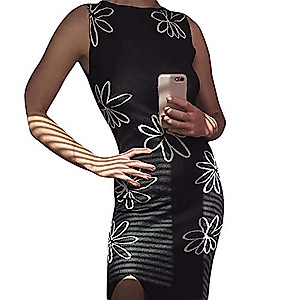 Women Knitted Mixi Dress Print Knit Bodycon Y2k Dress Hollow Out Midi Dresses 2022 Summer Beach Dress E Girl Streetwear (Black, S)