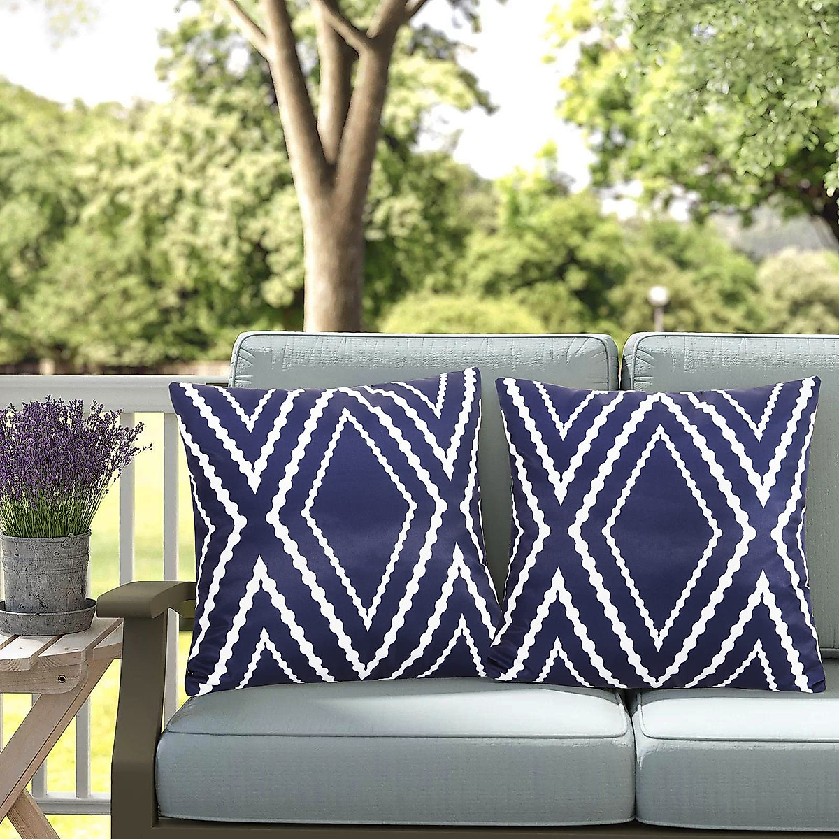 Adabana Outdoor Waterproof Boho Throw Pillow Covers Geometric Pillow Cases for Patio Garden Set of 2, 18 X 18 Inches Navy Blue