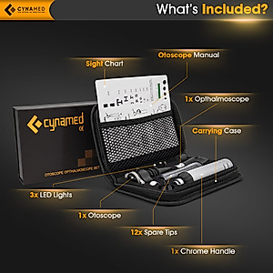 Cynamed 2-in-1 Ear Scope Set - Multi-Function Otoscope for Ear, Nose & Eye Examination- Professional Kit for Home and Medical Students - Sight Chart, Replacement Tips, and Carry Case