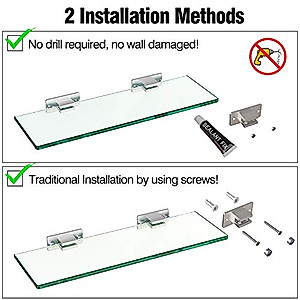 GeekDigg 2 Sets Glass Shelves for Bathroom, No Drilling Shower Caddy Glass Shelves for Wall Glass Bathroom Storage Organizer Shelf with Aluminum Bracket for Bathroom, Shower, Kitchen, Laundry