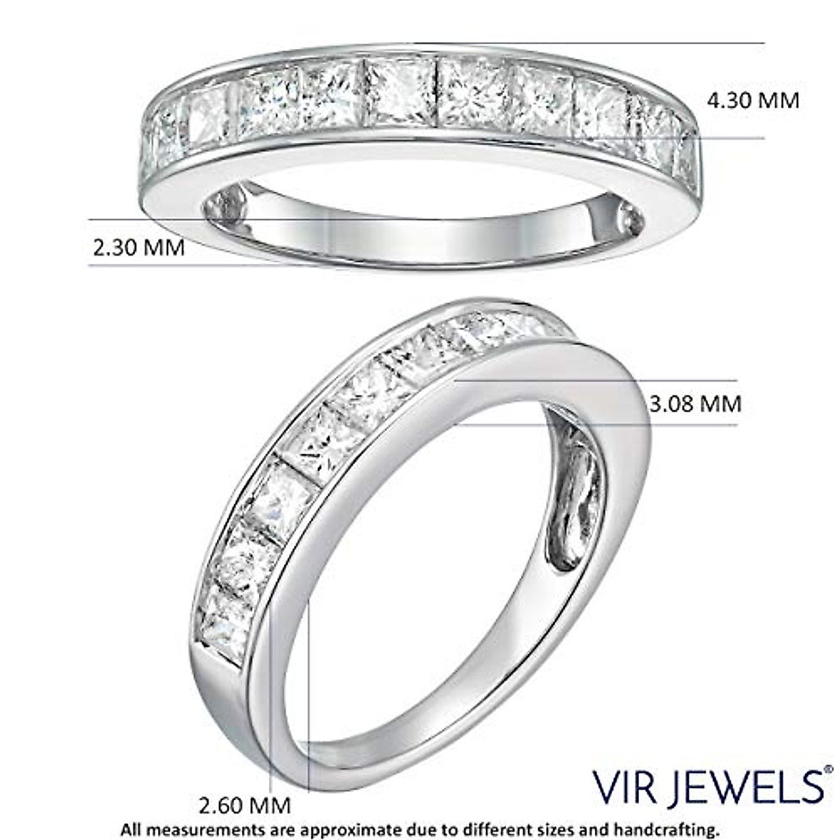 VIR JEWELS 2 cttw Diamond Wedding Band for Women, Princess Cut Diamond Wedding Band in 14K White Gold Channel Set, Size 7