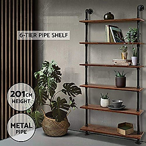 Diwhy Industrial Pipe Shelves Rustic Modern 36" W Wood Ladder Bookcase with Metal Frame,Pipe Wall Shelf,Wood Storage,Home Decor,Display Shelving,Retro Floating Wood Shelving,6 Layer Bookshelf (36" W)