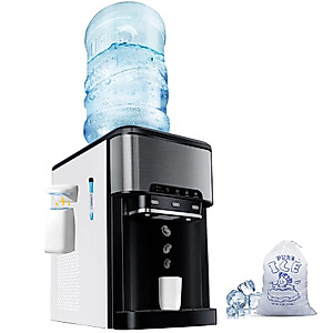 Water Cooler Dispenser Built-in Ice Maker Countertop,3-in-1 Portable Ice Machine 44lbs Daily,Top Loading 5 Gallon Water Dispenser w. Child Safety Lock & Tri-Temp Water Option-Hot,Cold & Ice Block