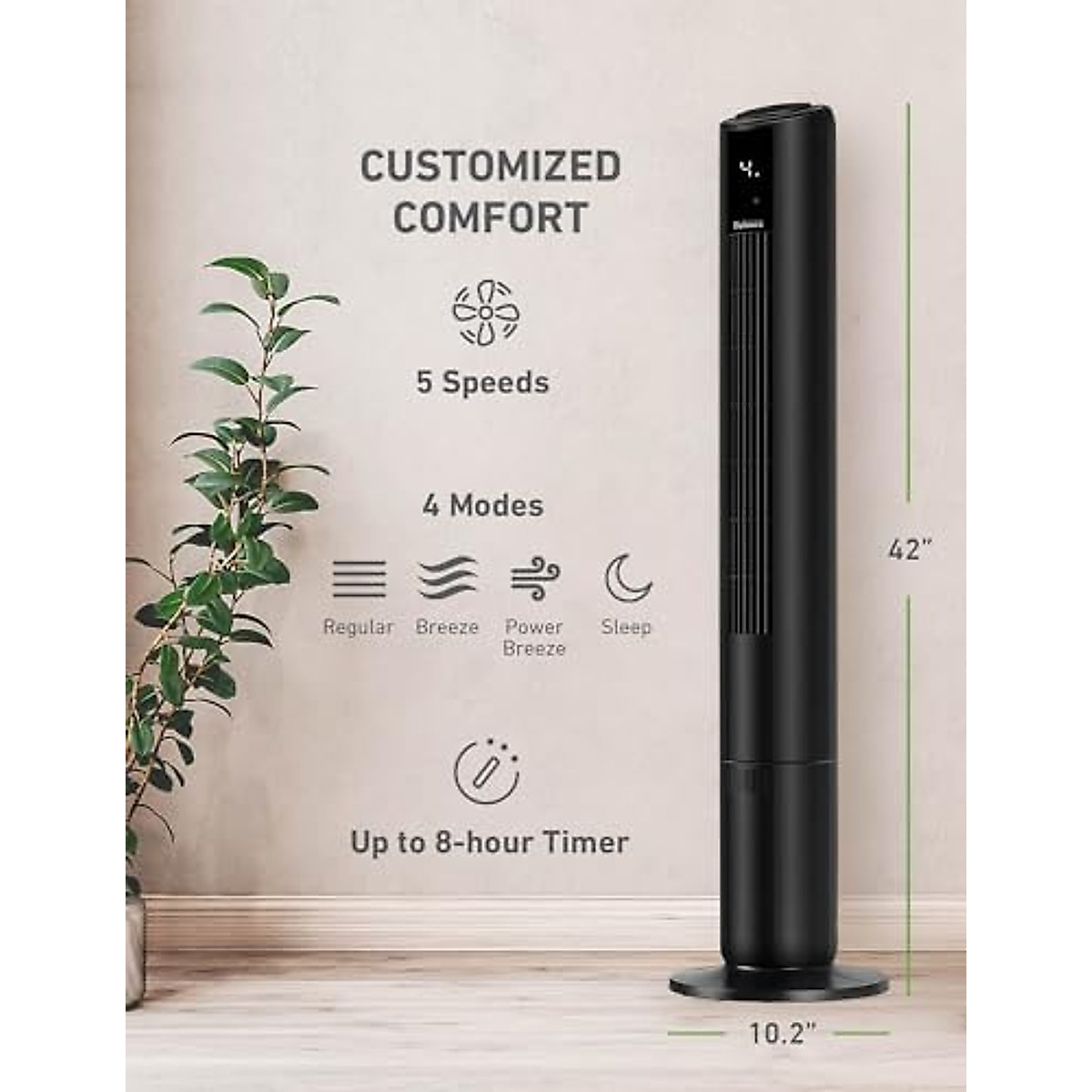 HOLMES 42" Digital Tower Fan, ClearRead Display, 90° Oscillation, 5 Speeds, 4 Modes, 8-Hour Timer, Home, Bedroom or Office, Remote Control, Matte Black