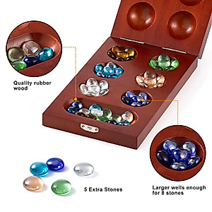 Crobyi Mancala Board Game Set for Kids & Adults, Includes Portable Folding Rubber Wood Board, 48+5 Glass Stones, Stones Storage Bag & Mancala Instructions. Classic Marble Board Game for Family.