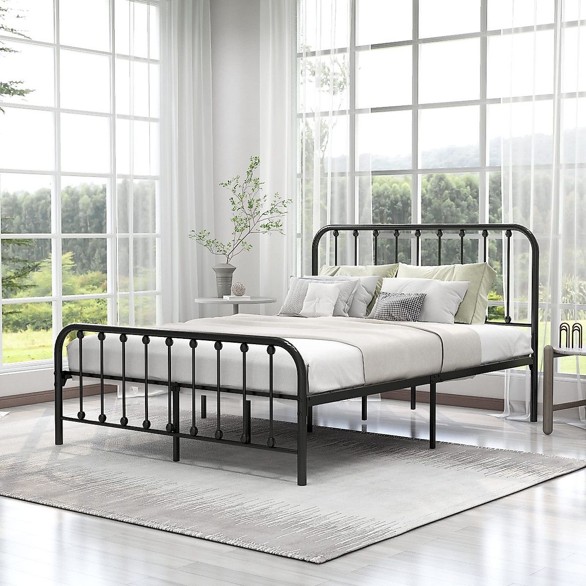 alazyhome Queen Size Metal Platform Bed Frame with Headboard and Footboard Sturdy Heavy Duty Steel Slat Support No Box Spring Needed Easy Assembly Black