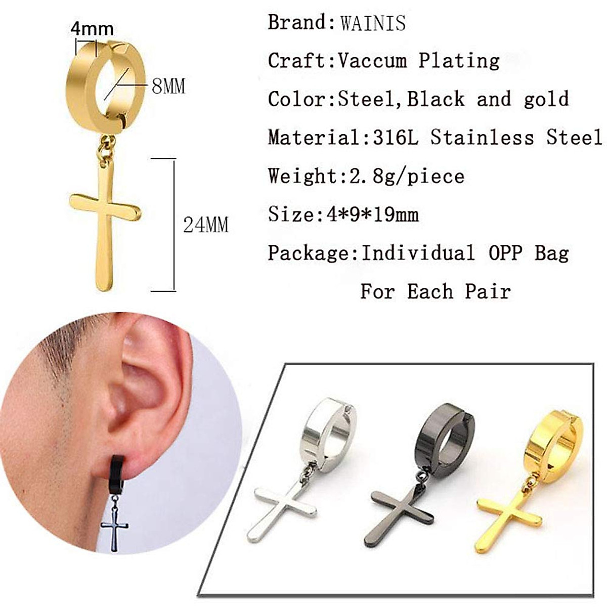 WAINIS 12 Pairs Stainless Steel Non Pierced Magnetic Earrings for Men Women CZ Clip on Dangle Magnet Earrings Set
