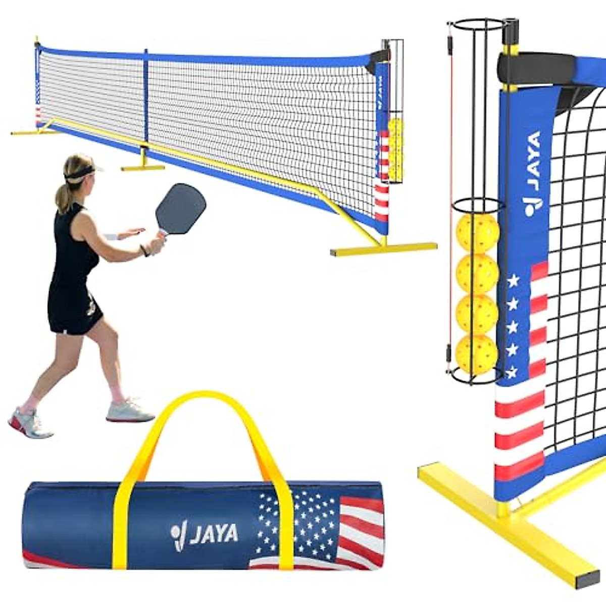 JAYA Pickleball Nets Portable Outdoor, 22FT Regulation Size Pickleball Net with Carrying Bag for Driveway Backyards Golden Yellow with Flag Blue