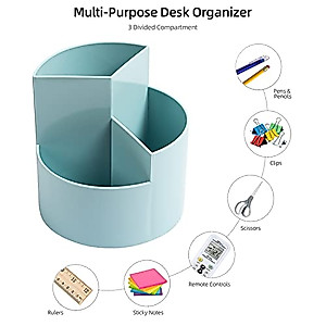 Desk Pencil Pen Holder, 3 Slots 360-Degree Spinning Pencil Pen Desk Organizers, Desktop Storage Pen Organizers Stationery Supplies, Cute Pencil Cup Pot for Office, School, Art Supply, Kids - Blue