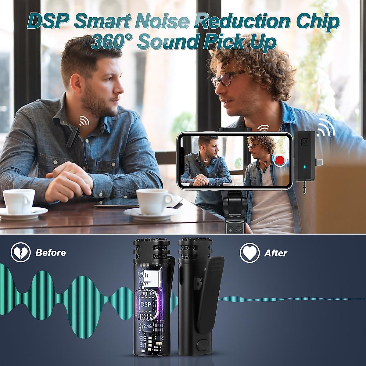 Biupky 3 in 1 Wireless Clip Mic, Wireless Lavalier Microphones, Lapel Clip-on Microphone, Plug-Play Wireless Microphones, for Android iPhone iPad Camera Video Recording TikTok Facebook YouTube Live