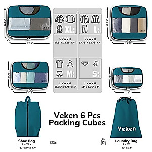 6 Set Packing Cubes for Suitcases, Travel Organizer Bags for Carry on Luggage, Veken Suitcase Organizer Bags Set for Travel Essentials Travel Accessories in 4 Sizes(Extra Large, Large, Medium, Small)