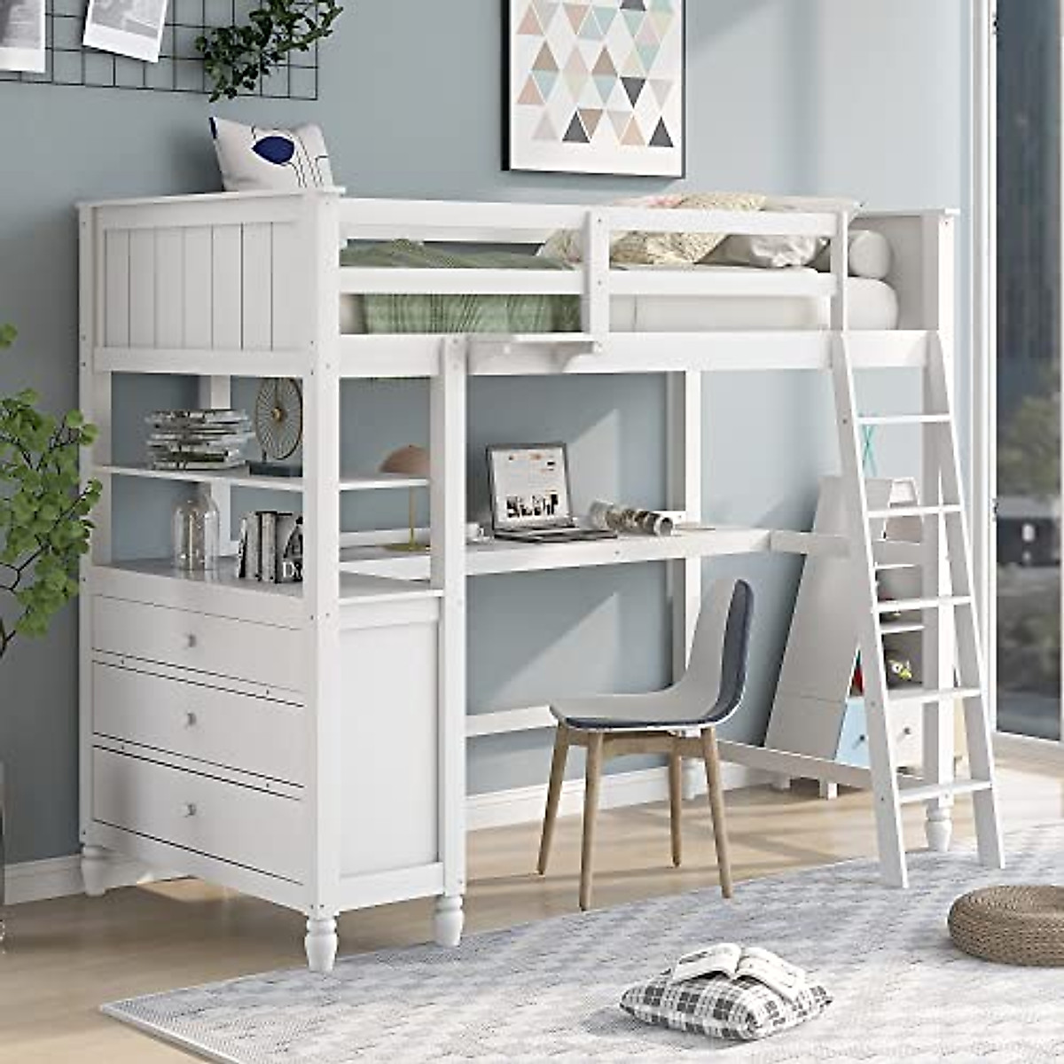 Harper & Bright Designs Twin Size Loft Bed with Desk and Drawers, Wooden Twin Loft Bed with Storage Shelves, High Loft Bed for Kids, Teens, Adults Boys & Girls (Twin, White)