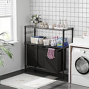 Laundry Sorters with 3 X 45L Pull-Out & Removable Laundry Bags, 2 Tier Adjustable Metal Storage Shelf, Oxford Fabric Laundry Baskets, Black
