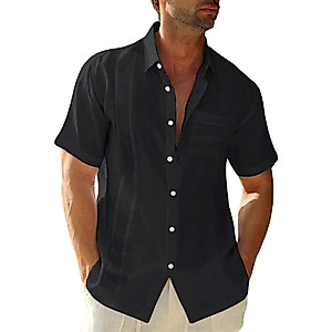 Maiyifu-GJ Men's Short Sleeve Cotton Linen Shirts Lightweight Summer Button Down Shirt Holiday Beach T Shirt with Pocket (Black,3X-Large)