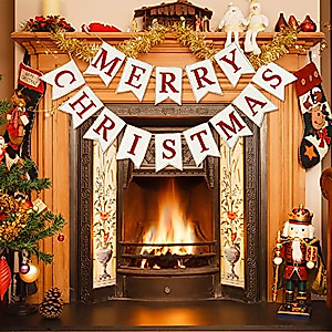 Whaline Christmas Burlap Banner Felt Merry Christmas Banner Pre-Assembled White Red Xmas Bunting Garland Celebration Hanging Decorations for Christmas Party Supplies Home Decoration