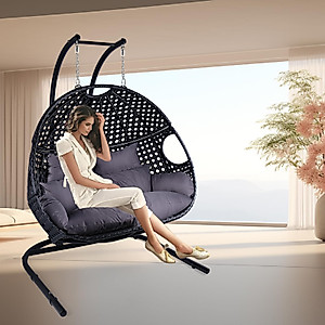 JESE Double Swing Egg Chair with Stand Indoor Outdoor,UV Resistant Cushion 2 People Hanging Anti-Rust Wicker Rattan Frame 530 lbs Capacity Oversized Hammock for Patio Bedroom Balcony，Black