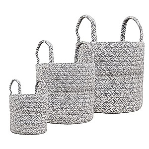 Super Area Rugs Farmhouse Plant Basket/Planter Multi Purpose Open Top Bin with Handles, Cotton Rope Basket, 8-inch, 10-inch and 12-inch Grey & White