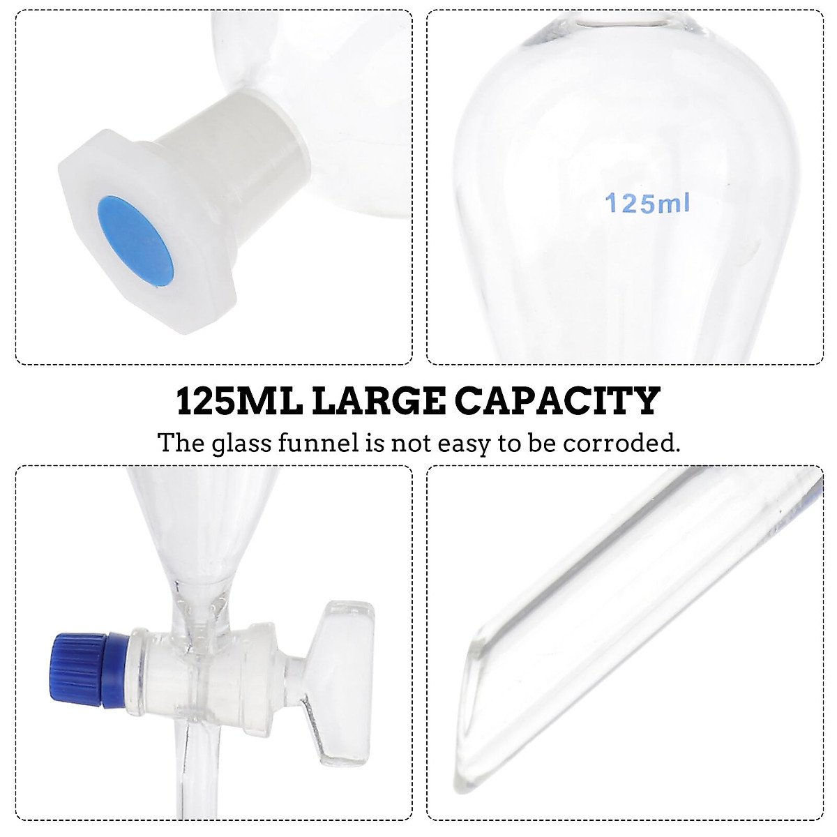 Separatory Funnel Pear Funnels, 125ml Thickened Glass Separating Funnel, Leak-Proof Screw Cap, Stopcock Style and Logo Color Random, Lab Glassware