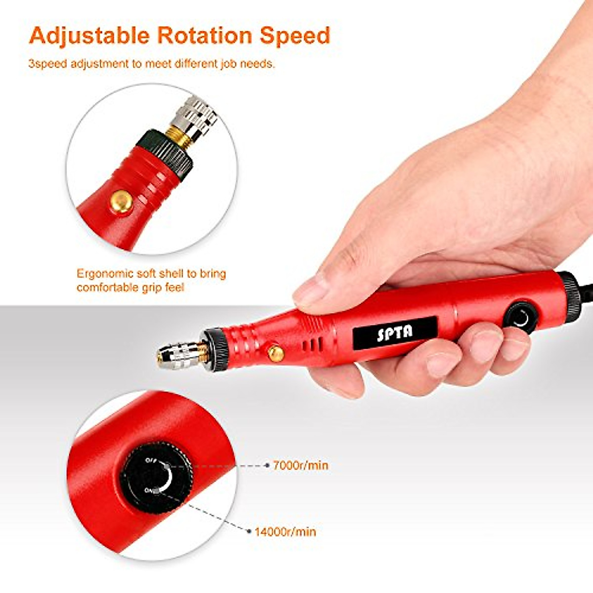 Electric Rotary Tool Kit, SPTA Mini Electric Grinder Set Mini Handle Electric Drill Grinding Engraving Pen Milling Trimming Polishing Drilling Cutting Engraving Tool 33Pcs Kit