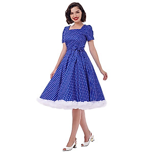 Women Vintage 50s 1950s Dress Square Neck A-line Polka Dot Rockabilly Swing Evening Party Cocktail Dresses Blue M