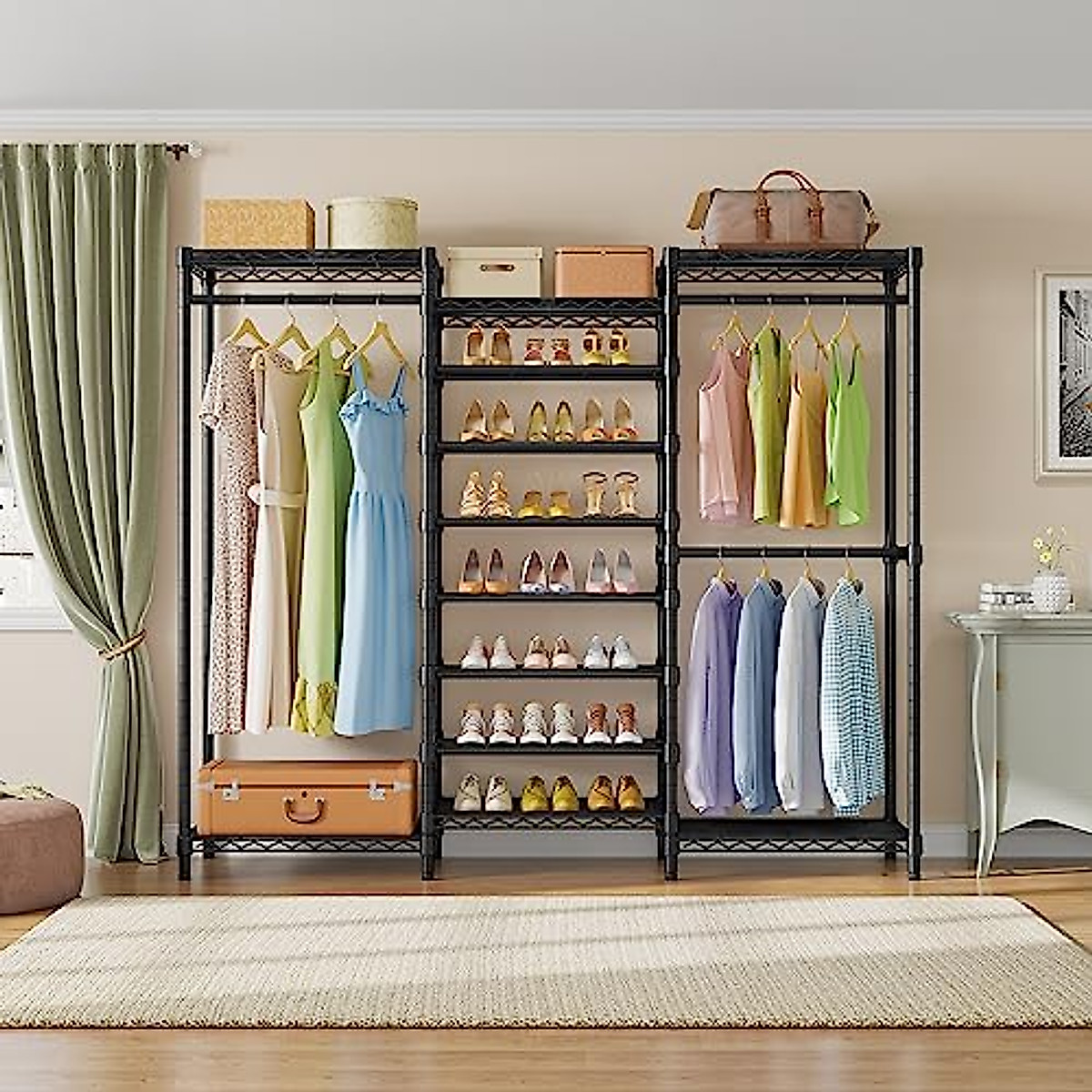 VIPEK S3 Heavy Duty Garment Rack Free Standing Clothes Rack Closet Storage Organizer Large Wardrobe with 6-Tier Shoe Rack, Hanging Rod, Adjustable Shelf, 68.9" L x 15.7" W x 76.4" H, Black