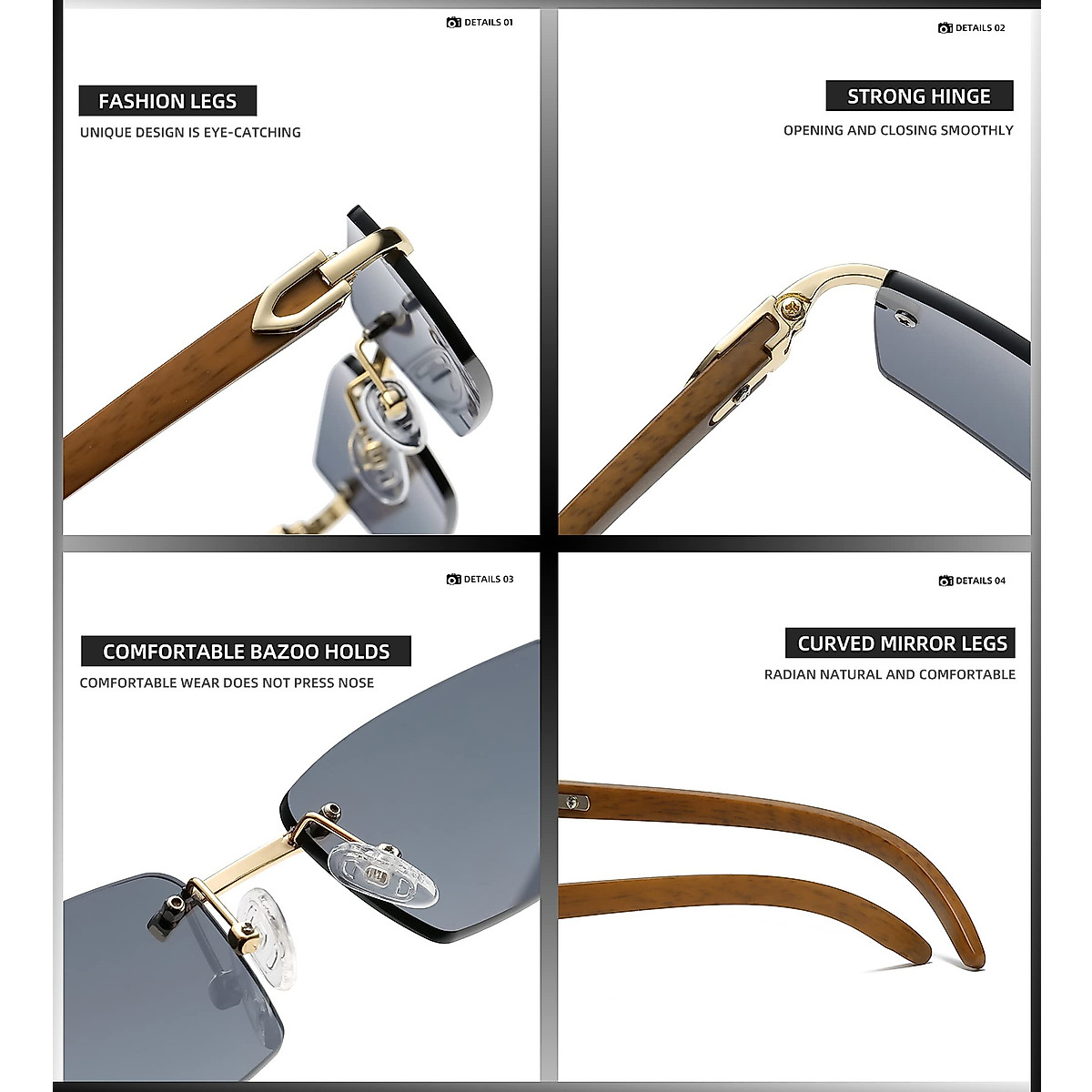 Heptagram Rectangle Fashion Rimless Sunglasses for Women Men Gangster 90s Frameless Shades Retro Vintage Trendy Eyewear (2 PCS-Brown+Transparent)