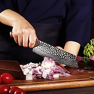 KEEMAKE Chef Knife 8 inch, Kiritsuke knife with Hammered Damascus Steel Blade Kitchen Knife, Japanese Gyutou knife with Pakkawood Handle Chopping Knife, Meat Cutting Knife With Walnut Sheath