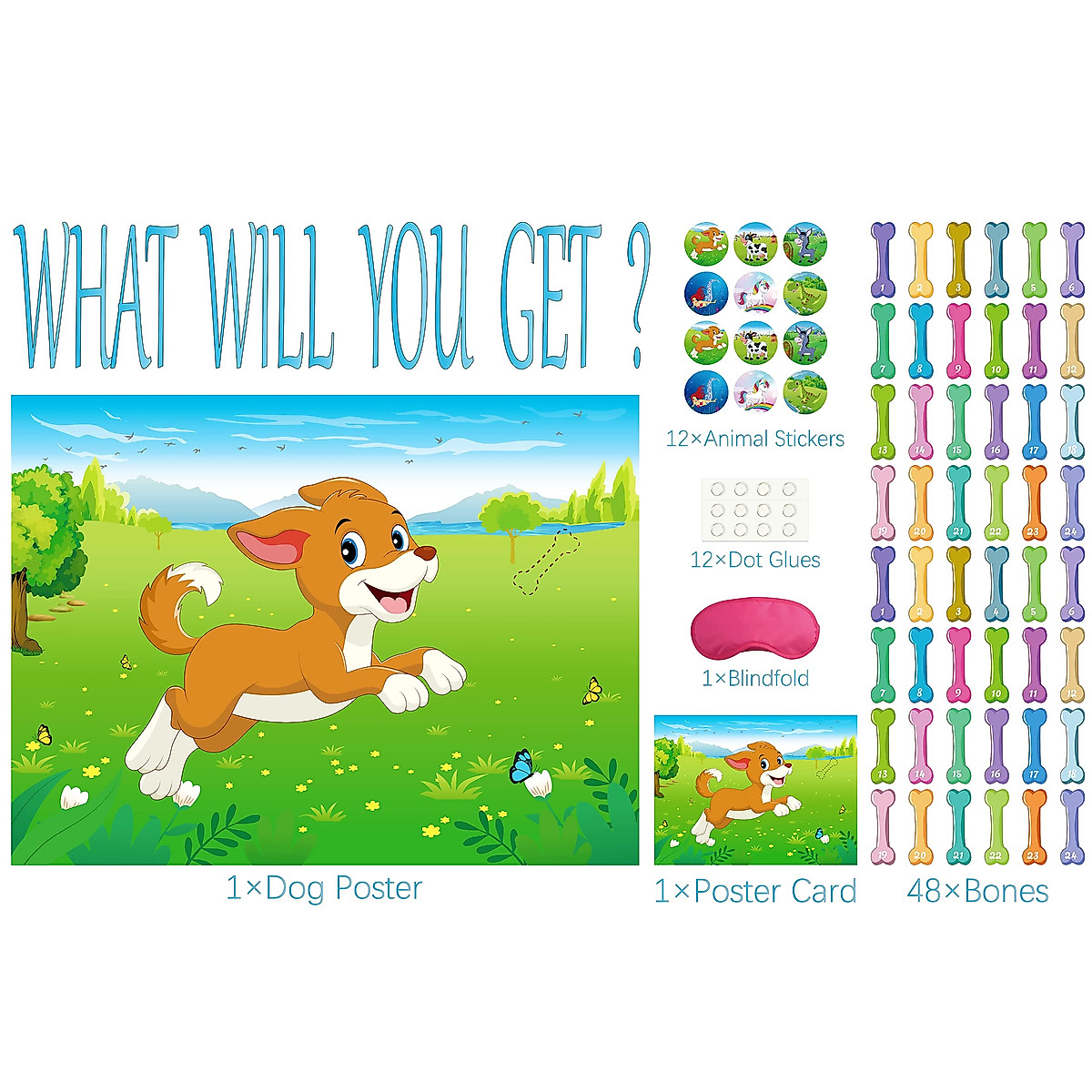 Morcheiong Pin The Tail on The Dog Birthday Party Game with 48pcs Bones, Give The Puppy Dog A Bone Game for Kids Dog Birthday Party Supplies Decorations