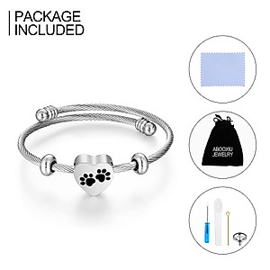 abooxiu Stainless Steel Cremation Bracelet, Heart Ashes Holder with Paw Print, Memorial Urn Bracelet for Cat Dog
