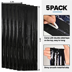 pabues 5 Pack 3.3 x 6.6 FT Black Foil Fringe Backdrop Curtain, Streamer Backdrop Curtains, Streamers Birthday Party Decorations, Fringe Backdrop for Graduation, Baby Shower, Gender Reveal