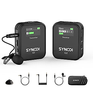 SYNCO Wireless Lavalier Microphone, G2(A1) 2.4G Lavalier 1 Transmitter & 1 Receiver Lapel Mic for Vlog Streaming YouTube for DSLR Camera Smartphone Tablet, Wireless-Lav-Mics-for-Camera
