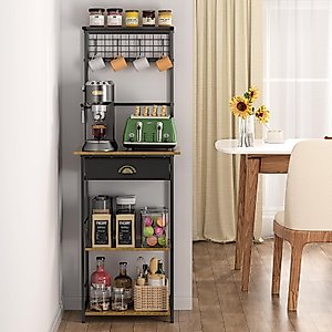5 Tier Coffee Bar Station with Drawer, Coffee Stand with 4 S-Shaped Hooks, Farmhouse Corner Coffee Bar Cabinet for Small Spaces, Bakers Rack for Kitchen, Living Room, 13.43"D x 18.93"W x 53.31"H