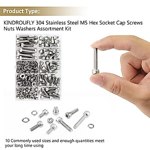 Kindroufly 242 Pieces M5 x 6/8 /10/12 /16/20 /25mm Hex Socket Head Cap Screws Nuts Washers Assortment Kit, 304 Stainless Steel, Fully Machine Thread