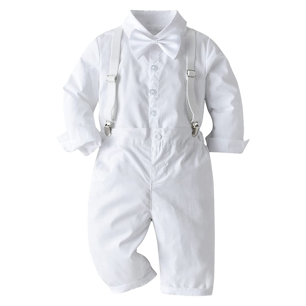Toddler Baby Boys Bow Tie Button Up Dress Shirt+Suspenders Trousers Gentleman Suits Wedding Baptism Thanksgiving Christmas First Birthday Church Family Picture Formal Outfits White 18-24 Months