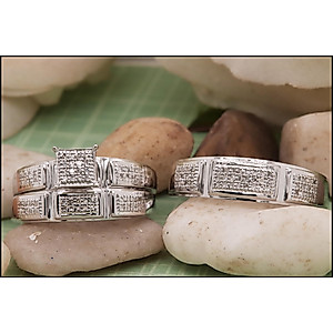 Dazzlingrock Collection 0.33 Carat (ctw) Round White Diamond Square Head Cluster Wedding Trio Ring Set for Him & Her in 925 Sterling Silver, Women size 6 & Men size 7.5