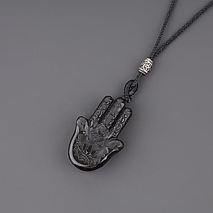 COAI Adjustable Nylon Cord Hamsa Hand Obsidian Black Stone Necklace