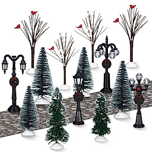 Aoriher 15 Pcs Christmas Figurine Village Accessories Miniature Pine Trees Snow Artificial Christmas Trees Cardinal Bare Branch Trees Streetlight Lamps Cobblestone Street Figurine for Xmas (Classic)