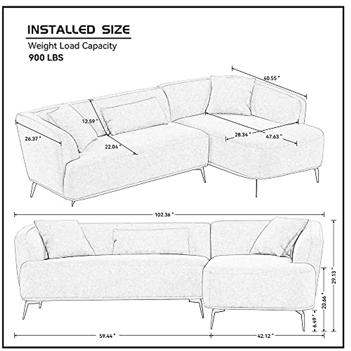 Goohome 102" L-Shape Sectional Sofa with Chaise Lounge, Oversize Modern Fabric Upholstered Couch with Metal Legs, Living Room Furniture Set for Apartment Bedroom