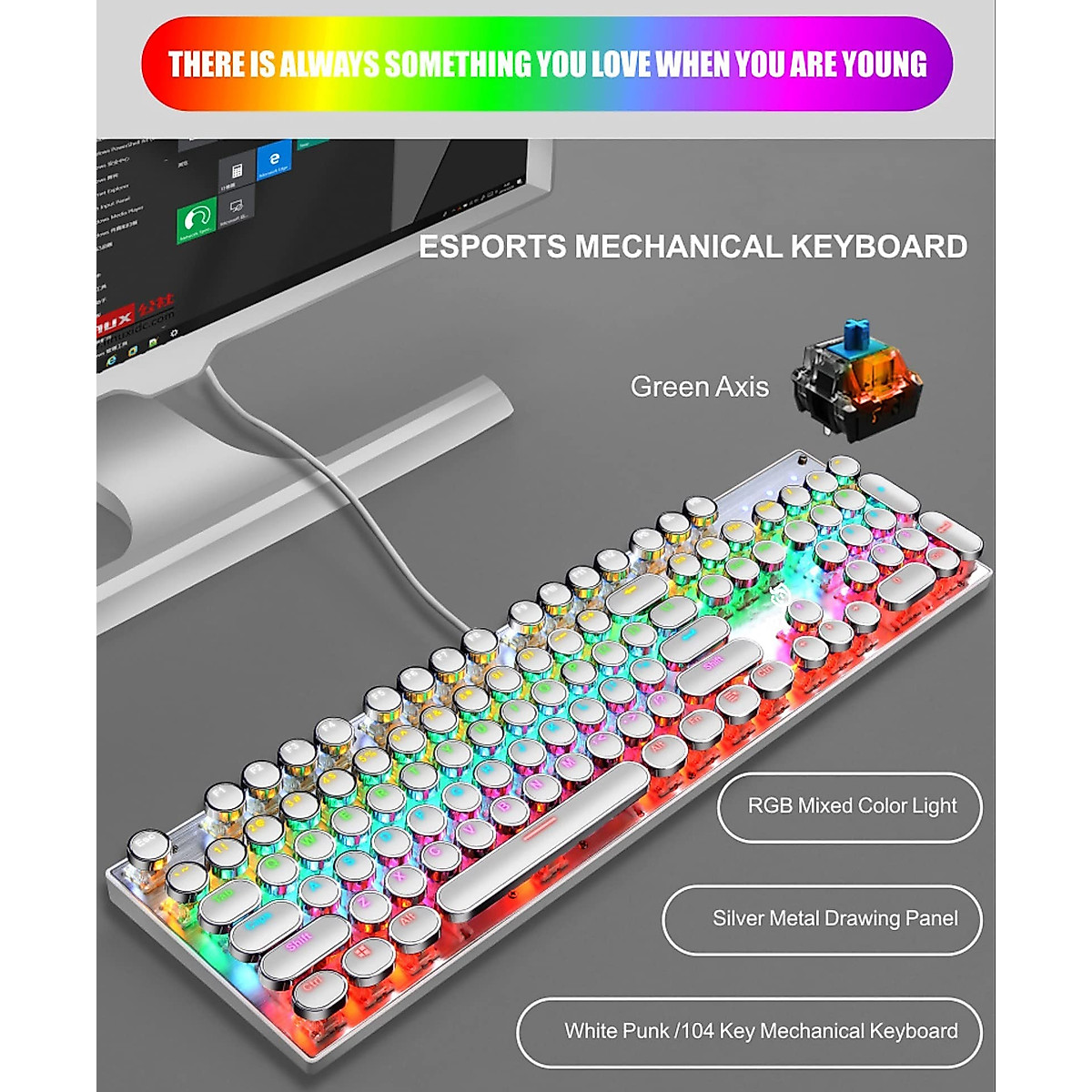 YSCP Typewriter Style Mechanical Gaming Keyboard LED Backlit Wired with Blue Switch Retro Round Keycap 104 Keys Keyboard (White 104 Keys LED)