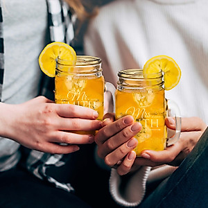 The Wedding Party Store, Mr and Mrs Mason Jar Glasses for Couples - Personalized Engraved Wedding - Custom Monogrammed - Set of 2